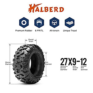 HALBERD ATV Tires, 27x9-12 & 27x11-12 ATV Tires, 6PR 27x9x12 27x11x12 All Terrain ATV UTV Off-Road Tires(Set of 4, Tubeless)