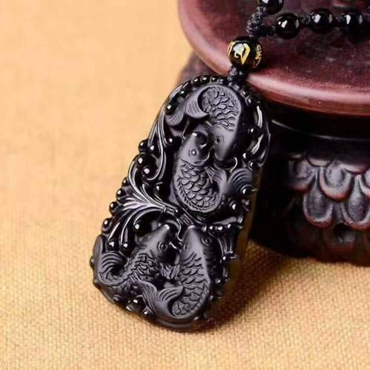 Natural black obsidian Amulet dragon head fish koi pendant bead necklace with bead chain for women or men (fish)