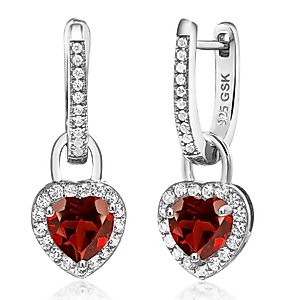 Gem Stone King 925 Sterling Silver Heart Gemstone Birthstone and White Created Sapphire Earrings | Heart Shape 6MM | Drop Dangle Earrings for Women