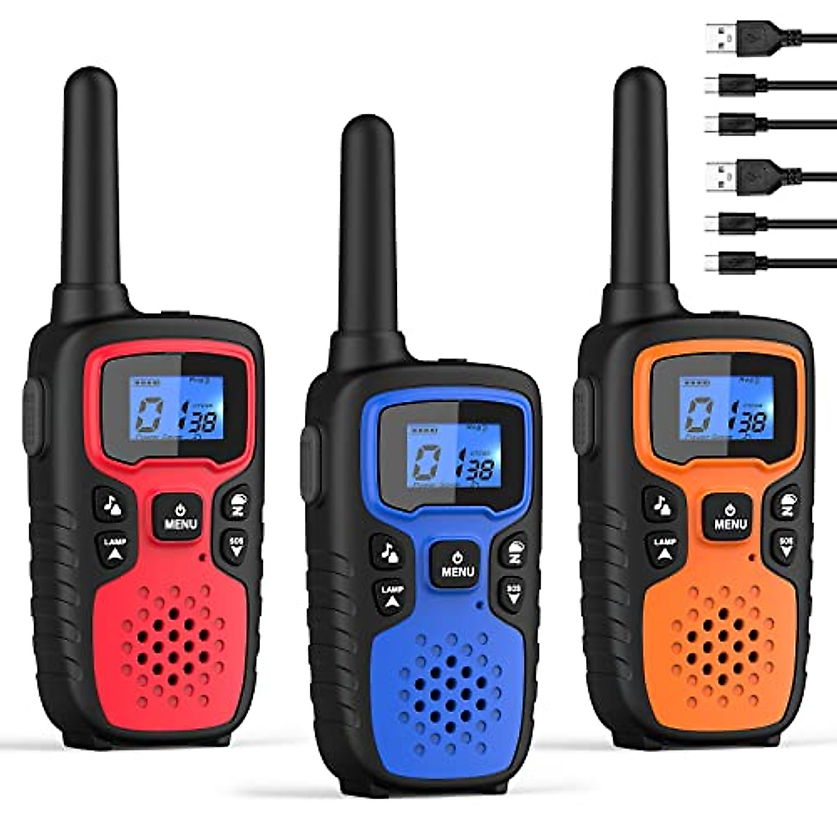 Walkie Talkies for Adults Long Range-Wishouse Rechargeable 2 Way Radios,Hiking Accessories Camping Gear Toys for Kids with Lamp,SOS Siren,NOAA Weather Alert,VOX,Easy to Use(Red Blue Orange 3 Pack)