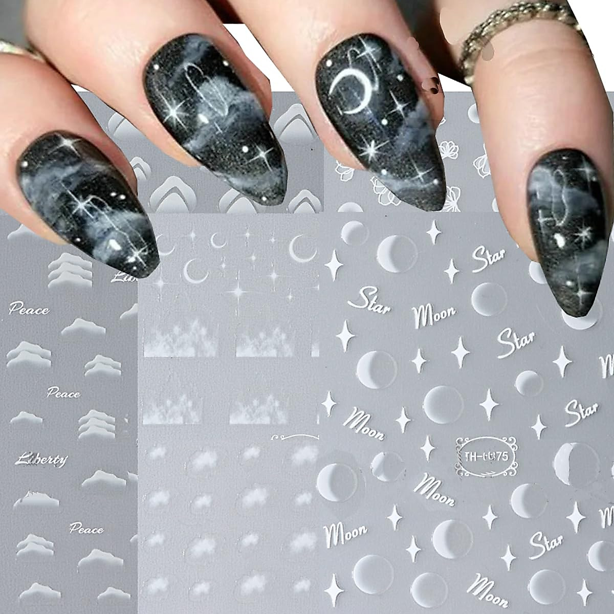 5 Sheets Moon Nail Stickers for Nail Arts,3D Nail Decals Self-Adhesive Nail Art Supplies for Nail Designer, Nail Tattoos for Women Girls, pegatinas para uñas withh Moon Hill Patterns Nails Accessories.