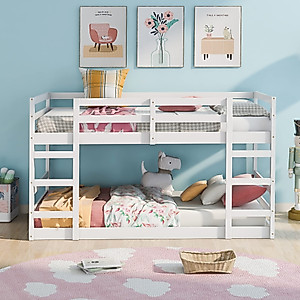 Prohon Twin Over Twin Bunk Bed for Kids Teens, Low Bunk Bed with Ladder and Guard Rail, Space Saving Bunkbed Solid Wood Slats Support No Box Spring Needed, Gray