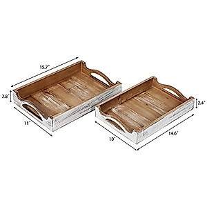 Distressed Rustic Serving Tray Set of 2, Nesting Coffee Table Trays for Living Room, Wood Serving Tray with Handles, Decorative Serving Tray for Ottoman Rectangle, Butler Tray for Party, Bedroom