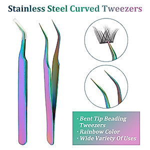UNICRAFTALE 2pcs Stainless Steel Curved Pointed Craft Tweezer Rainbow Sticker Picking Tool Tweezer for DIY Craft Precision Tweezers Jewelry Making Electronics and Laboratory Works 12.1x0.95cm