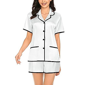 SWOMOG Womens Silk Satin Pajamas Set Two-piece Pj Sets Sleepwear Loungewear Button-Down Pj Sets White