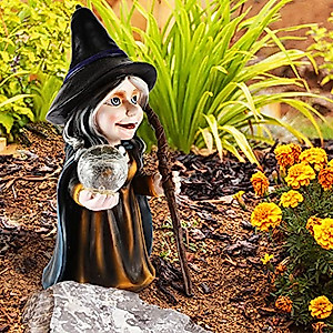 EXQUAILTY Outdoor Witches Statue Halloween Decor, Witch Hand Hold Solar LED Ball and Magic Wand Solar Light Garden Sculptures, Lawn Yard Art Decoration