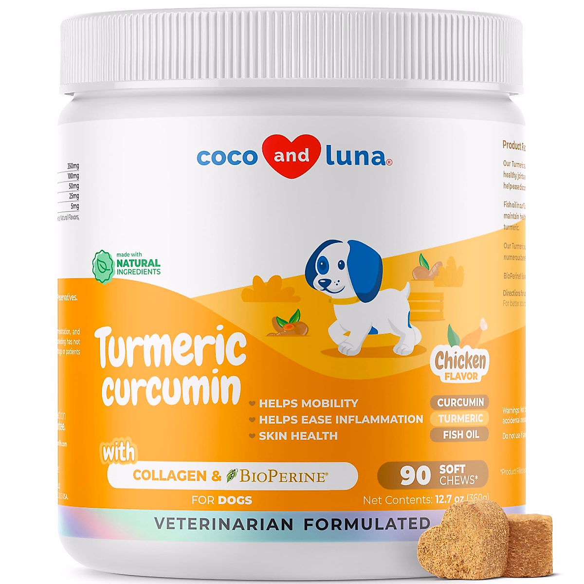 Turmeric Curcumin for Dogs - 90 Soft Chews - with Collagen, BioPerine and Fish Oil - Hip & Joint Support, Ease Inflammation, Antioxidant, Cardiovascular & Liver Support.