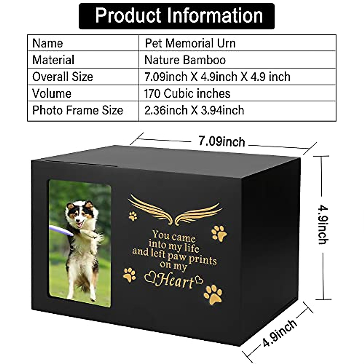 BAMTALK Pet Urns for Dogs or Cat Ashes, Dog Keepsake Box Cremation Urn, Pet Memorial Box, Pet Cremation Urn with Photo Frame,Large Wooden Urn for Dog Ashes, Pet Loss Memorial Gifts (170 Cubic Inches)