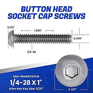 Fastenere Button Head Socket Cap Screws - 1/4-28 x 1" (25 Pack) Stainless Steel 18-8, Full Thread, Bright Plain Finish, Corrosion-Resistant, Machine Thread, Easy to Install w/Allen Socket Drive