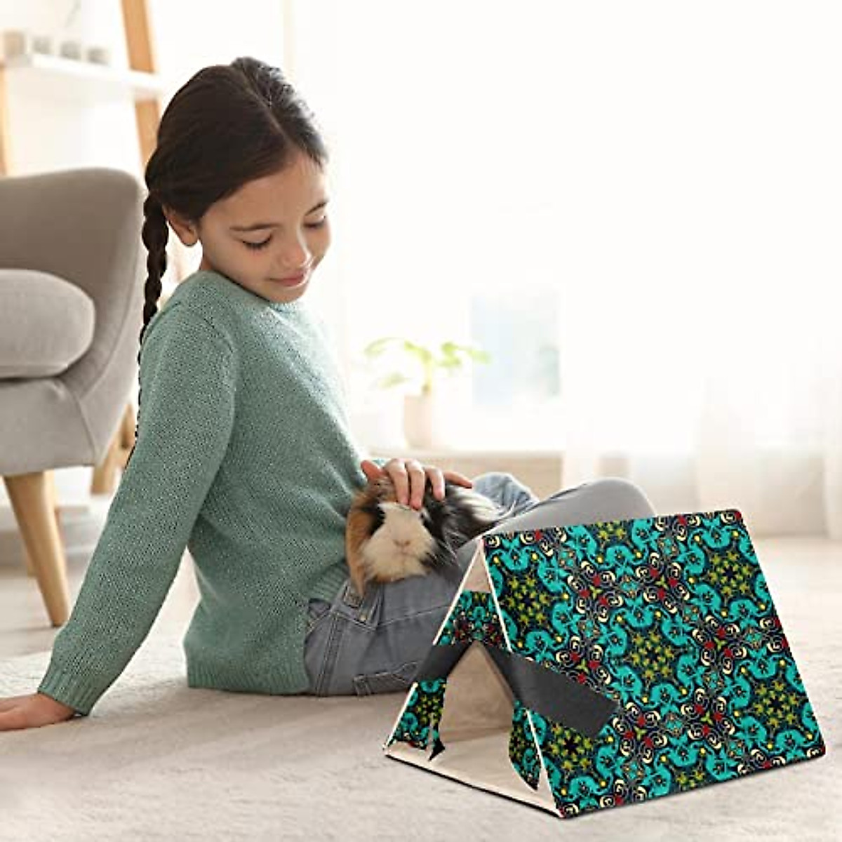 Y-DSIWX Guinea Pig House Bed, Rabbit Large Hideout, Small Animals Nest Hamster Cage Habitats Aesthetic Mandala Green Psychedelic