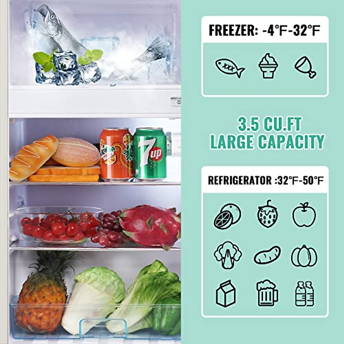 DEMULLER Retro Mini Refrigerator 3.5 CU.FT Dual Door Fridge with Handle Removable Glass Shelves 7 temperature control levels for Dorm, Office, Bedroom