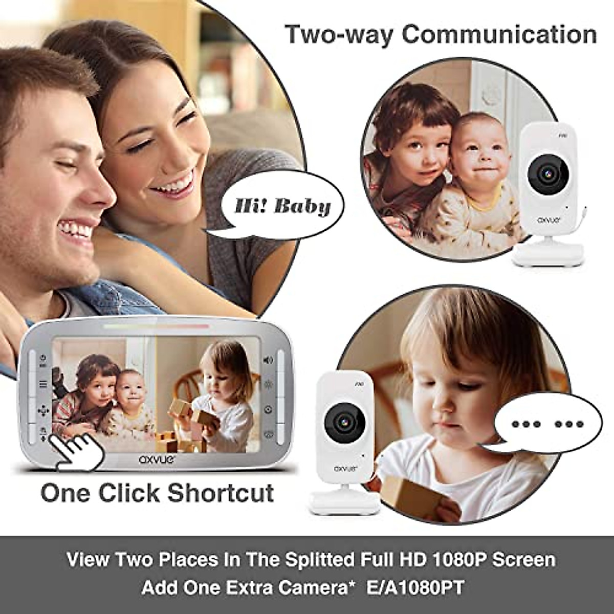Video Baby Monitor,1080P Full HD Ultra clear image quality,5.5" IPS Screen Monitor & 2 Camera, Range up to 1000ft,24h Battery Life, 2-Way Talk,Split Screen,Night Vision,Temperature Monitor,No WiFi.