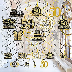 30pcs 50th Anniversary Decorations Hanging Swirl Party Supplies, Happy 50th Wedding Anniversary Hanging Swirl Decorations, Black Gold 50 Year Anniversary Theme Decor Sign