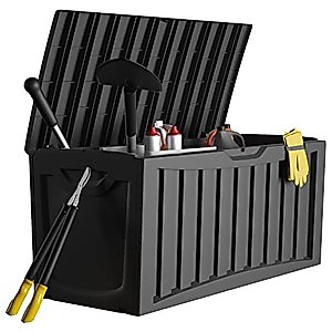 S AFSTAR 90 Gallon Deck Box, Outdoor Storage Box with Lockable Lid, 2 Built-in Wheels, Side Handrail, All Weather Weatherproof Resin Deck Box for Patio Cushions, Pool Supplies, Gardening Tools, Black