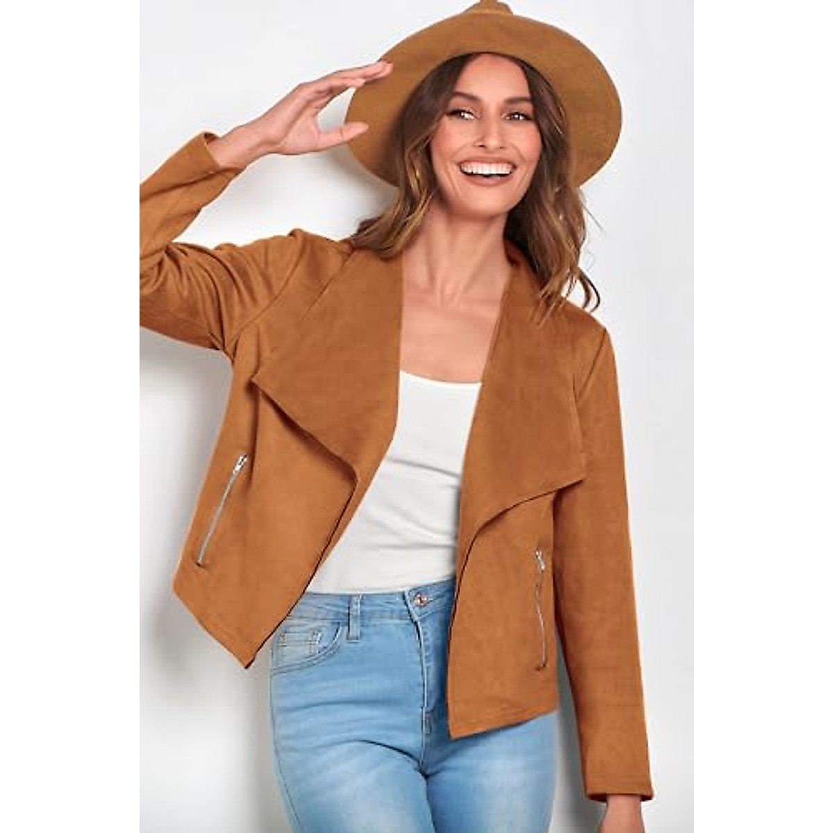 PRETTYGARDEN Women's Faux Suede Jackets 2023 Fall Clothes Long Sleeve Open Front Cropped Coat Outwear (Brown,Medium)