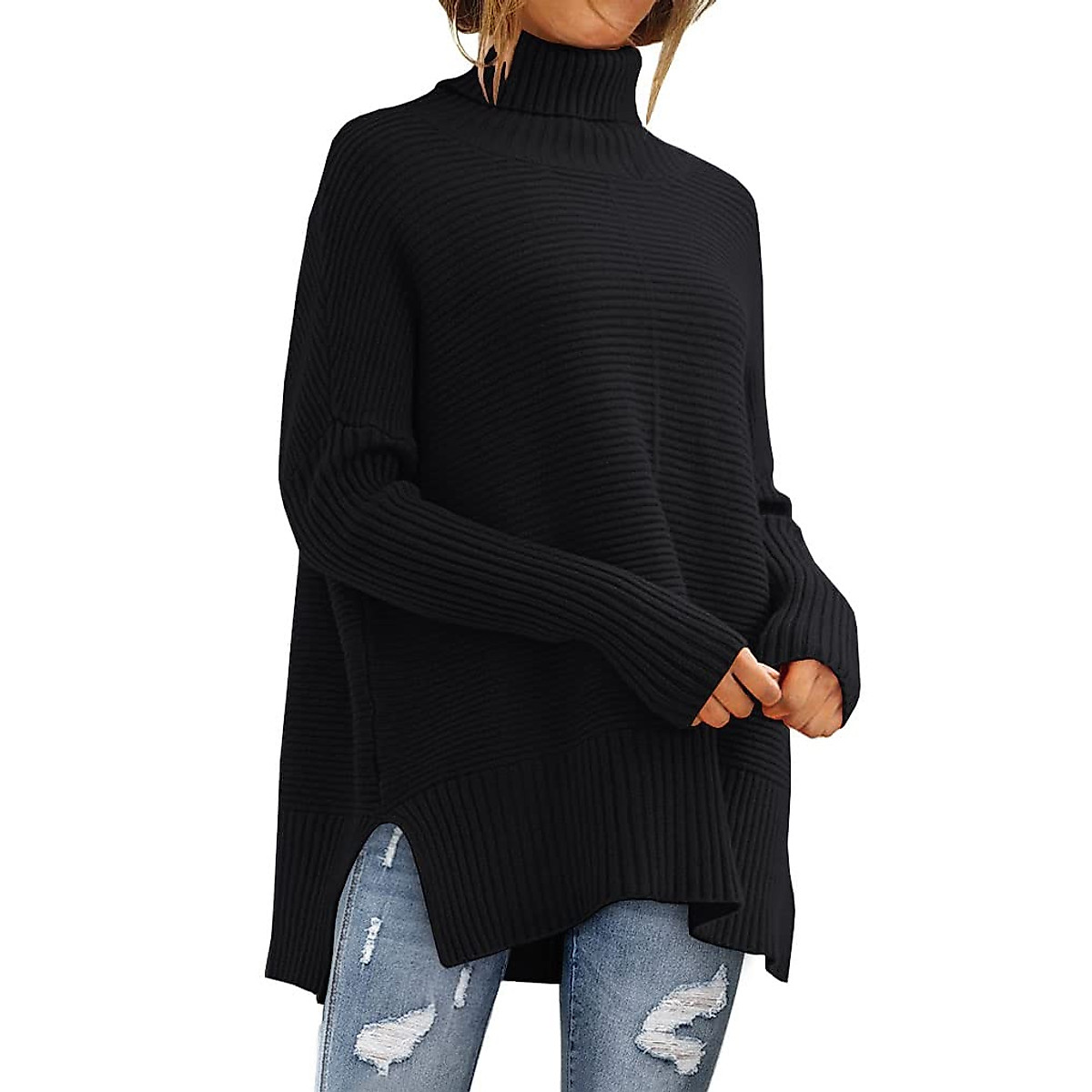 EFAN Black Oversized Turtleneck Sweaters Dress for Women Clothes Trendy Rib Pullover Sweater Long Tunic Sweaters Knit Tops
