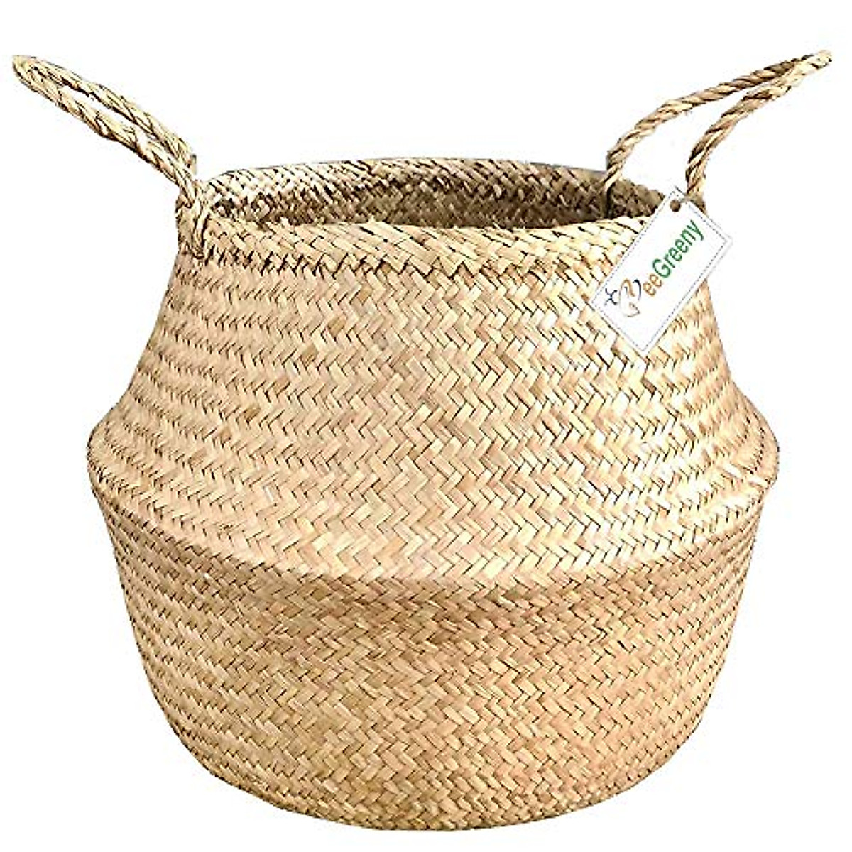 BeeGreeny Seagrass Belly Basket | Handwoven Foldable Storage Basket with Handles for Laundry, Picnic, Pot Cover, Decor | Natural, Eco-Friendly Household Items