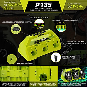 Supowill P135 18V 6-Port Charger for Ryobi 18V Charger,Compatible with Ryobi 18V ONE+ Battery P102 P103 P104 P105 P106 P107 P108 P109 PBP002 PBP003,for Ryobi 18V Battery Charger