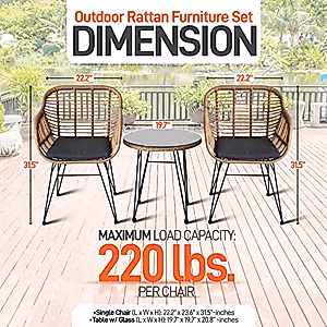 SereneLife 3 Piece Chat, Outdoor Living Rattan Furniture Set Includes 2 Single Chairs w/Cushions and 1 Glass-top Coffee Table (Brown)