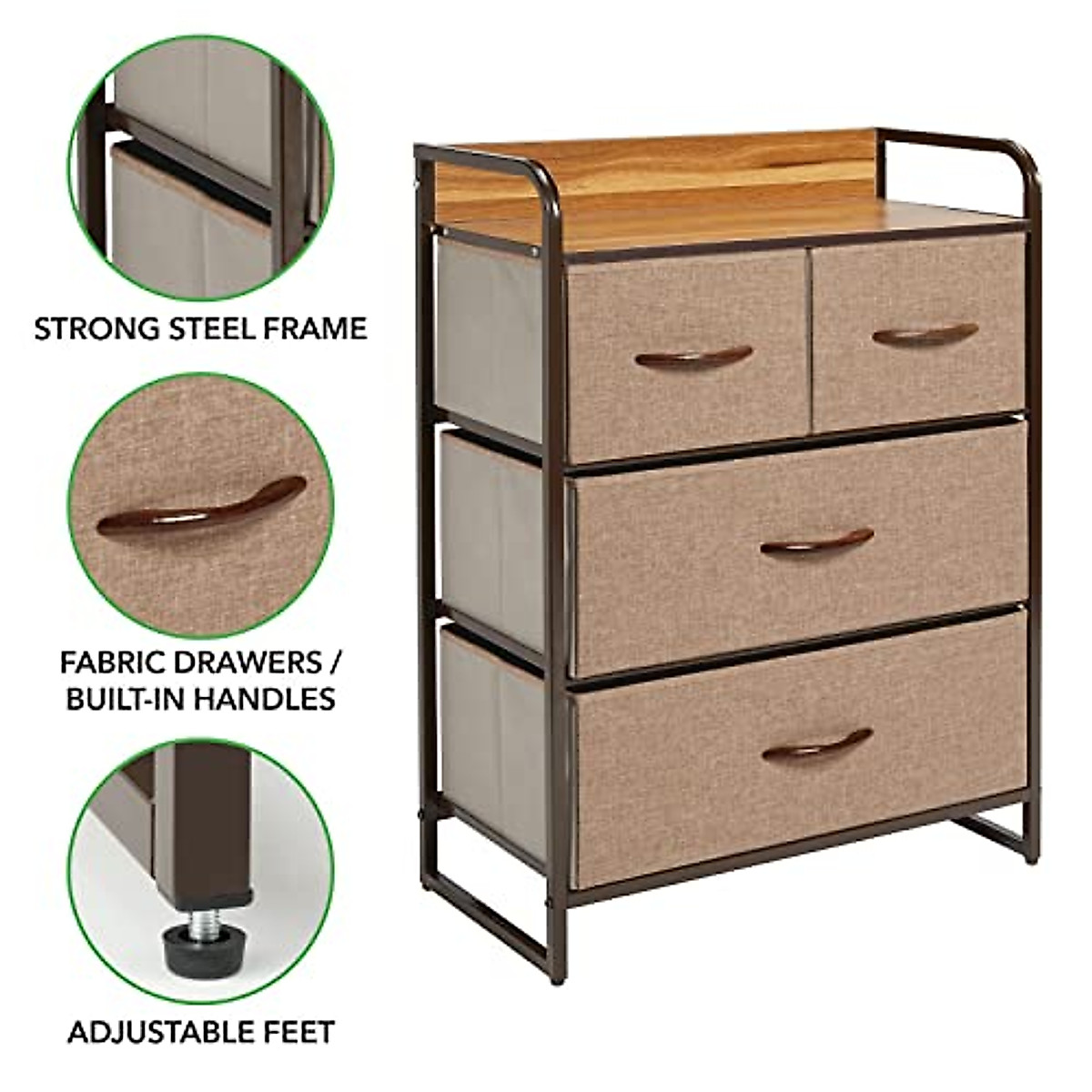 mDesign 30.9" High Steel Frame/Wood Top Storage Dresser Furniture Unit with 4 Removable Fabric Drawers - Bureau Organizer for Bedroom, Living Room, or Closet - Coffee/Espresso Brown