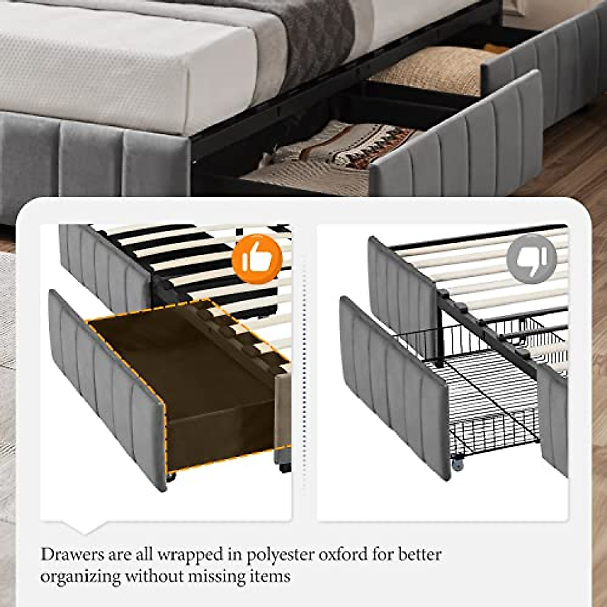 Yaheetech Platform Bed Frame with 4 Storage Drawers, Upholstered Bed Frame with Strong Wooden Slats/Mattress Foundation/No Fixed Headboard/No Box Spring Needed/Large Storage Space,Dark Grey-Full