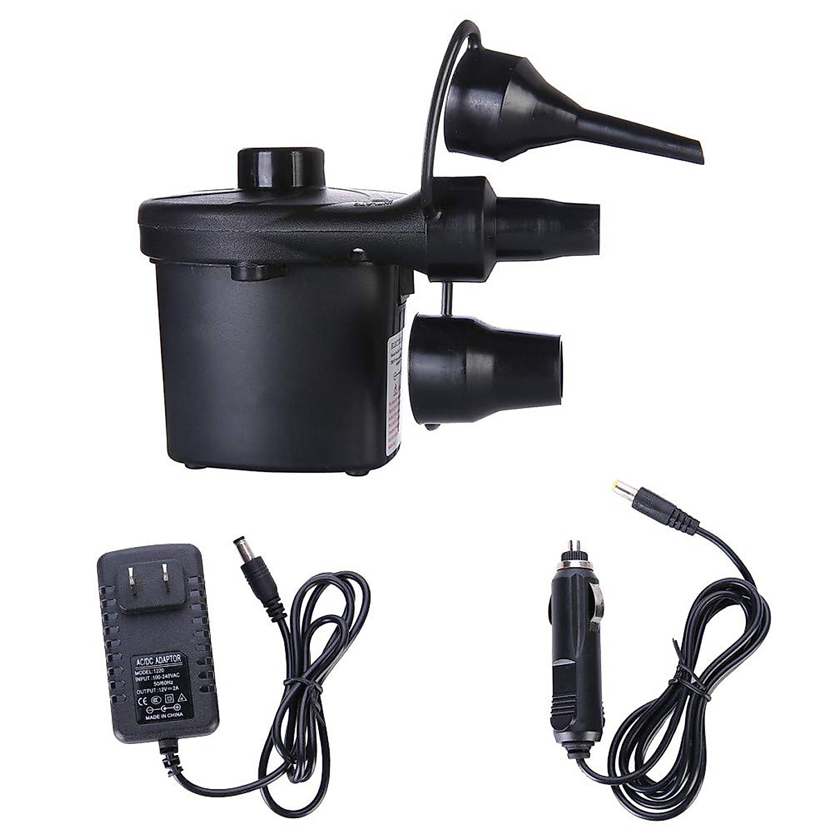 IEasⓄn Air Pump, Car Home Dual-use Air Pump Air Mattress Pump for Inflatable Blow up Pool Raft Bed Boat Toy Exercise Ball AC Inflator Deflator with 3 Nozzles,100-240V (Black)