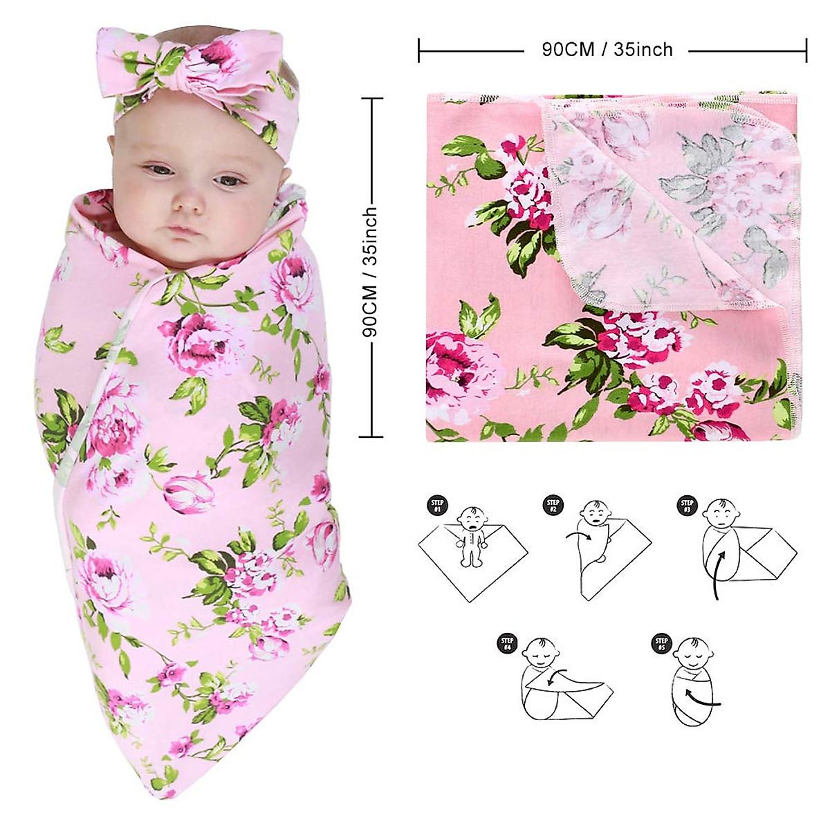 4 Pack Maternity Robe and Matching Baby Swaddle Blanket with Hat Headband Set, Stretchy Knitted Delivery Nursing Dress with Pockets and Receiving Blanket for Mummy and Baby (Pink Flower)