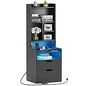 ADORNEVE Tall Night Stand with Charging Station and LED Lights,Nightstand with Bookshelf,Bedside Table with Drawers & Power Outlets,End Side Table for Bedrooms (Black)