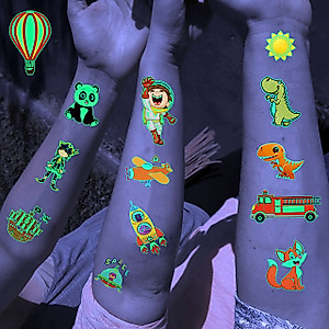 EGMBGM 30 Sheets Animals Glow in The Dark Temporary Tattoos For Kids Boys Girls Teens, Dinosaur Construction Pirate Space Astronaut 3D Glowing Fake Glitter Luminous Tattoo Stickers Toddler Children