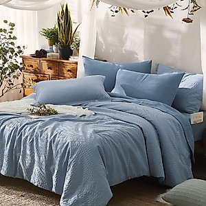 Geniospin King Comforter Set, Bed in a Bag Blue 7-Pieces, Botanical Pattern, All Season Comfortable Seersucker Bedding with Comforter, Sheets, Pillowcase & Shams (King, 102"x90")