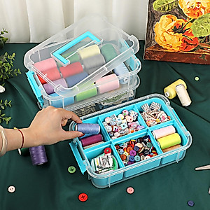 BTSKY 3 Layer Stack & Carry Box, Plastic Multipurpose Portable Storage Container Box Handled Organizer Storage Box with Removable Tray for Organizing Sewing, Art Craft, Supplies Blue