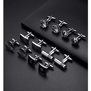 Ofeiyaa 6 Pairs Cufflinks Classic Striped Disc Square Spherical Knot CZ Rectangle Cylindrical Cufflinks Set for Men