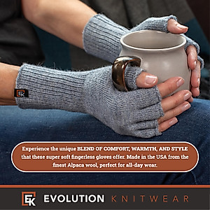 Evolution Knitwear Alpaca Knit Fingerless Gloves - Super Soft Baby Alpaca - Made in the USA - Small - Blue Grey