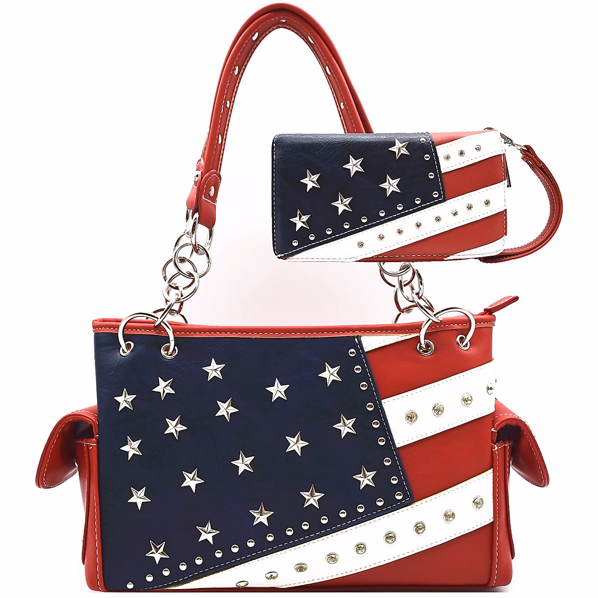 American Flag USA Stars and Stripes Patriotic Leather Purse Women Rhinestone Country Handbag Wallet Set Red White and Blue (#1 Red Set)
