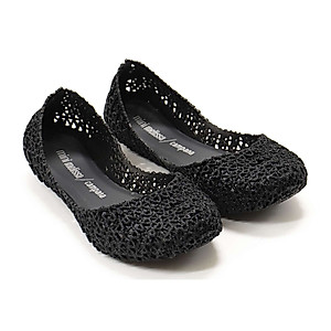 mini melissa Campana Papel Flats for Kids - Comfortable & Cute Closed-Toe Jelly Flat Shoes with Interwoven Cut-Out Design for Girls, Black Glitter, 13