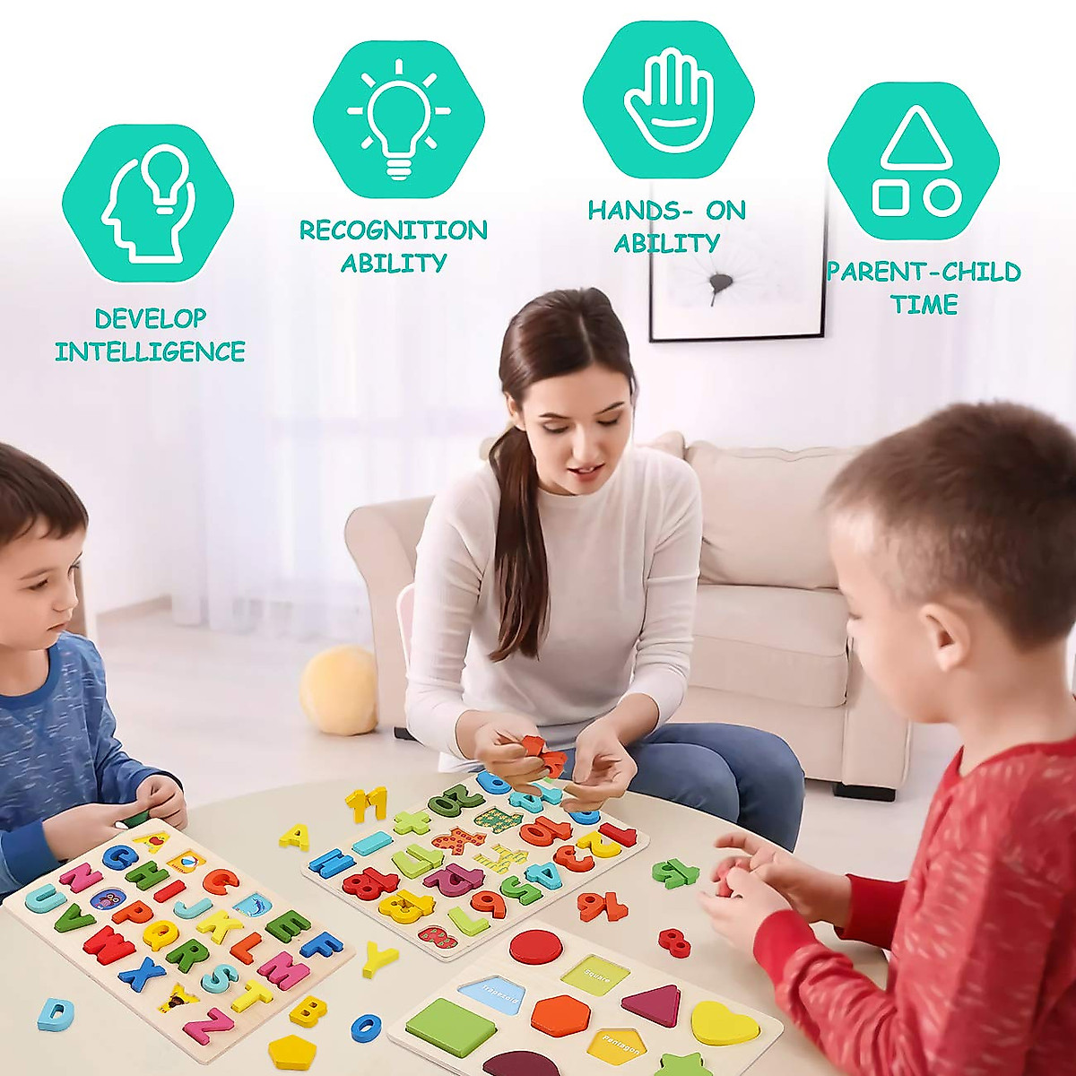 Wooden Puzzles for Toddlers - Wood Alphabet Number Shape Learning Puzzle for Kids Ages 2 3 4 5 - Boys Girls Preschool Educational Toys Gift