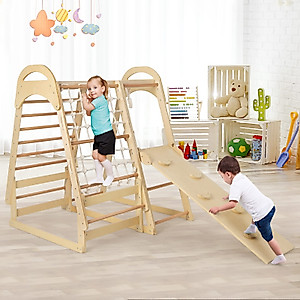 GLACER 6-in-1 Kids Indoor Playground, Wooden Climbing Toys Playset w/Slide, Money Bars, Gymnastics Rings, Climbing Net, Climbing Ladder & Tent, Indoor Jungle Gym for Toddlers Over 1 Year Old