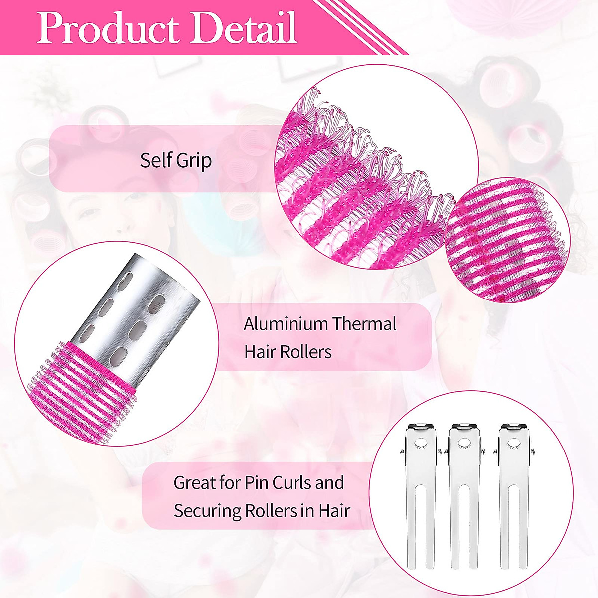 37 Pcs Aluminum Thermal Hair Rollers Set 3 Sizes Self Grip Hair Rollers 18 Pcs Duckbill Clips, Comb Hairdressing Styling Tool, Random Color for Women, Men(1.1,Pink Series)