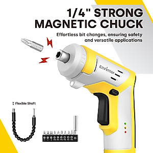 Enventor Cordless Screwdriver Tool Kit, 4V Portable Electric Screwdriver 3.5N.m with 1500 mAh Battery, USB Type-C Charging, 9PCS 1/4" Magnetic Bits Set, Bit Extension Holder, Flexible Shaft, LED Light