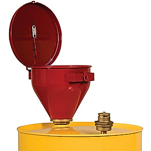 Justrite 2.6 Gallon Drum Funnel for Flammables with Emergency-Fusing Self-Closing Cover, Flame Arrester, and 2" Bung Hole Adapter, Made in The USA, 08207