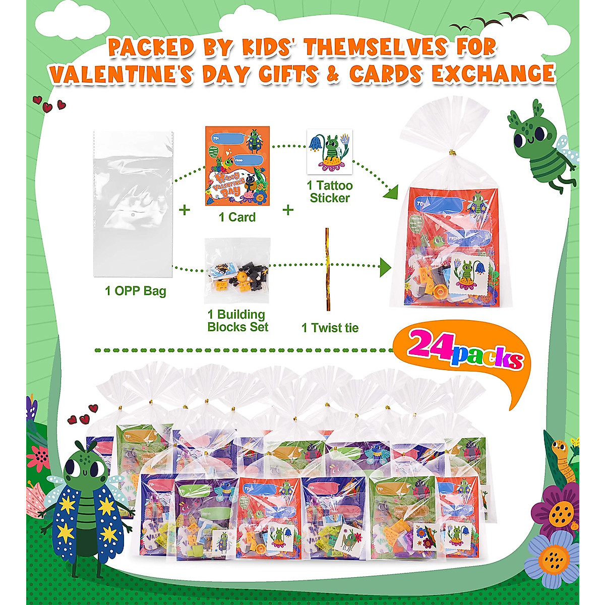 Colplay 24 Packs Valentines Day Gifts for Kids, Insect Building Blocks with Valentines Cards for Kids Classroom School & Stickers, Class Gifts Exchange, Party Favors for Kids Boys Girls