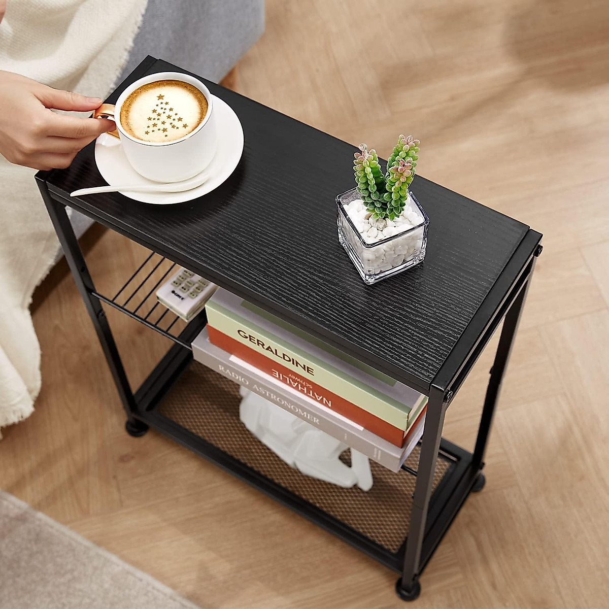 Slim End Table with Magazine Holder - 2 in 1 Design for Small Spaces - Black
