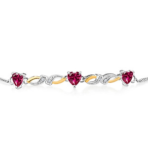 Gem Stone King 925 Sterling Silver and 10K Yellow Gold Red Created Ruby and White Lab Grown Diamond Heart Shape Tennis Bracelet For Women (1.83 Cttw, Fully Adjustable Up to 9 Inch)