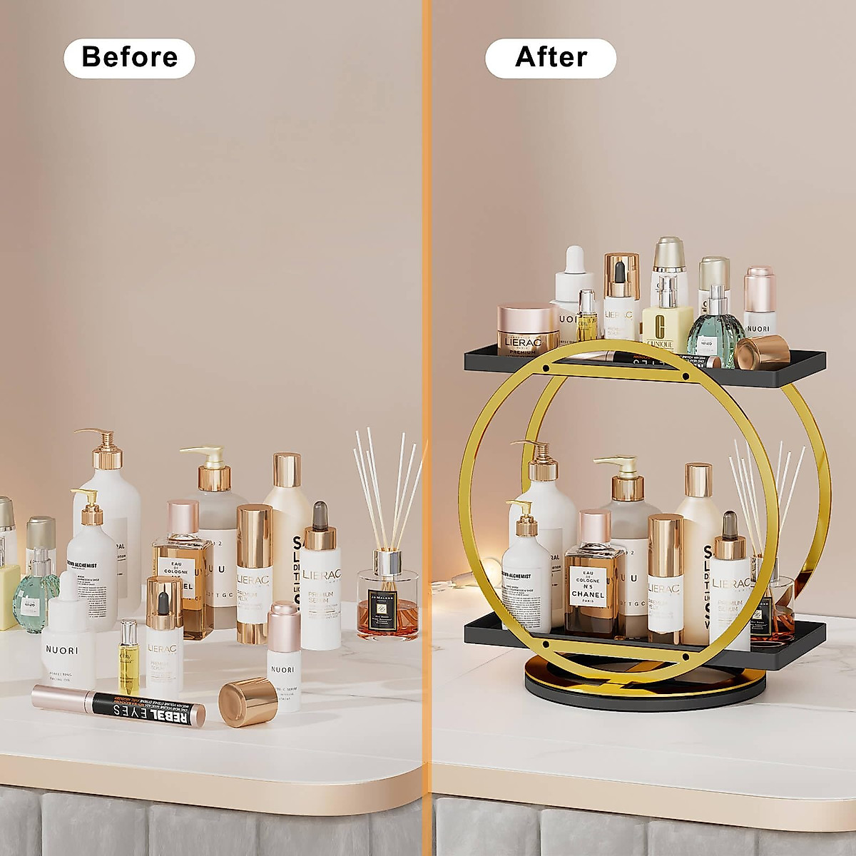 Perfume Organizer for Dresser, 360 Rotating Makeup Organizer for Vanity, 2 Tier Large Capacity Bathroom Counter Organizer Cosmetic Skincare Storage Countertop Holder for Bedroom Kitchen(Black Gold)