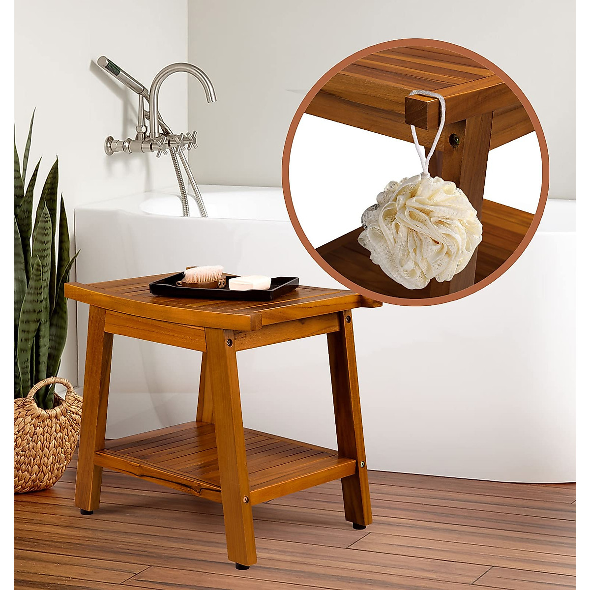 TEAKMAMA 21 Inch 100% Teak Shower Bench with Storage Shelf and Handles, Teak Wood Shower Stool & Spa, Waterproof Shower Bench for Indoor and Outdoor Use, Bathroom Stools for Adults Sitting