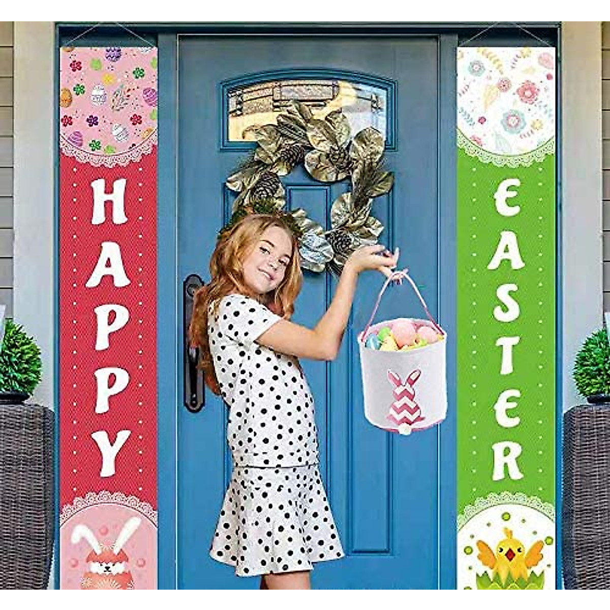 2 Pack Easter Bunny Basket Bags, Striped Bunny Print Design Canvas Tote Bag, Used for Egg Candy and Gift Hunting at Children's Easter Party (Blue+red)
