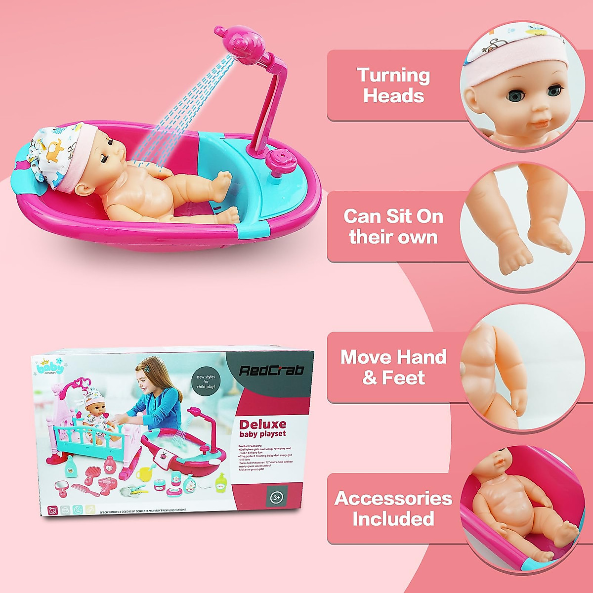 RedCrab 12" Baby Doll Toys Newborn Doll Bath and Bed Play Set - 2-in-1 Shaker and Bathtub with Shower Spray and 25pcs Accessories for Girls Pretend Play,Toy Gift Set for 3+ Year Old Kids