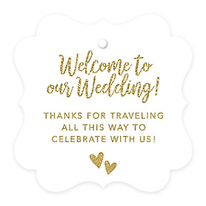 Andaz Press Out of Town Bags Fancy Frame Gift Tags, Welcome to Our Wedding Thanks for Traveling to Celebrate with Us, Faux Gold Glitter, 24-Pack, for Destination OOT