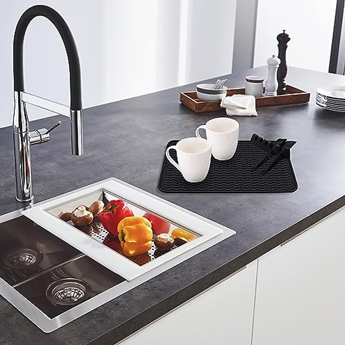 Hescred Silicone Dish Drying Mat, Eco-friendly, Easy Clean, Heat-resistant, Easy Storage, Reusable Silicone Dish Mat for Kitchen Counter with a Rack, Dish Washer Safe, Medium (16" x 12") Black