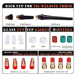 63PCS TIG Welding Torch Accessories Kit TIG Welding Torch Supplies Welding Collet Gasket Back Cap Stubby Gas Lens Glass Cup Alumina Nozzle Accessoory Kit for WP-17/18/26